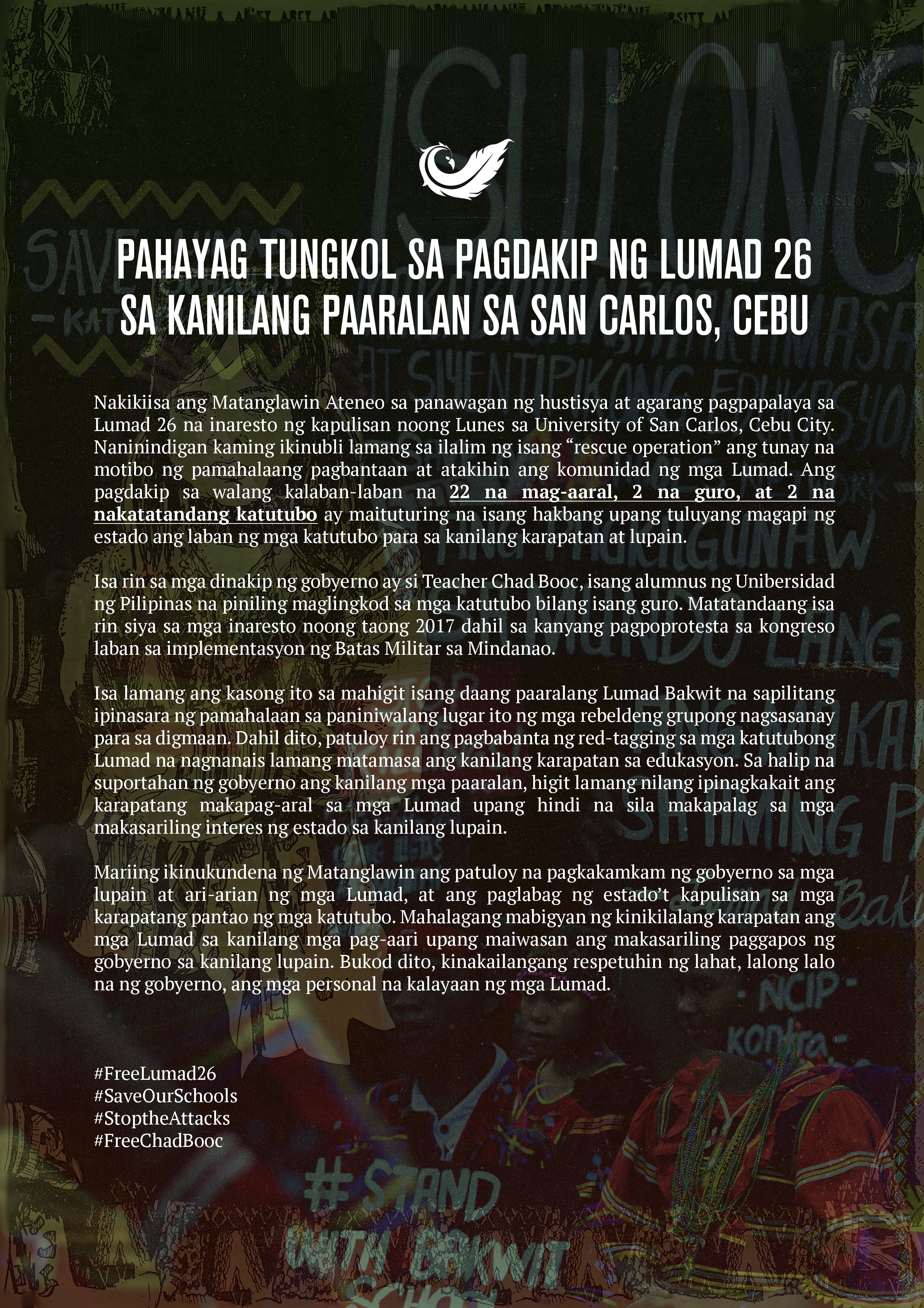 Pahayag Tungkol sa Pagdakip ng Lumad 26 sa Kanilang Paaralan sa San ...